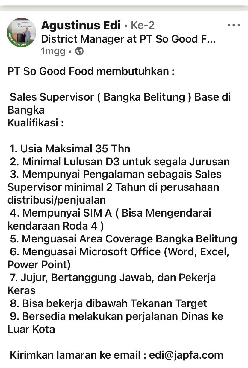 info Loker Sales siupervisor-PT SO GOOD FOOD