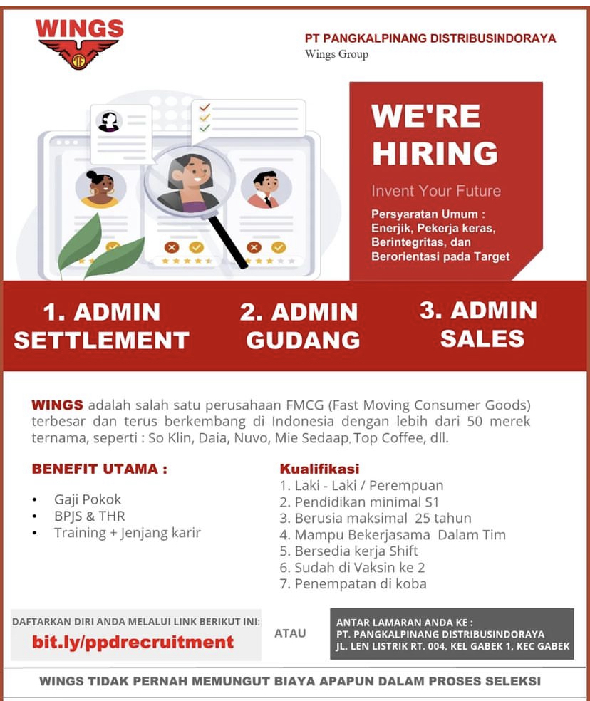 info Loker Admin Settlement,Admin Gudang & Admin Sales-Wings Pangkalpinang